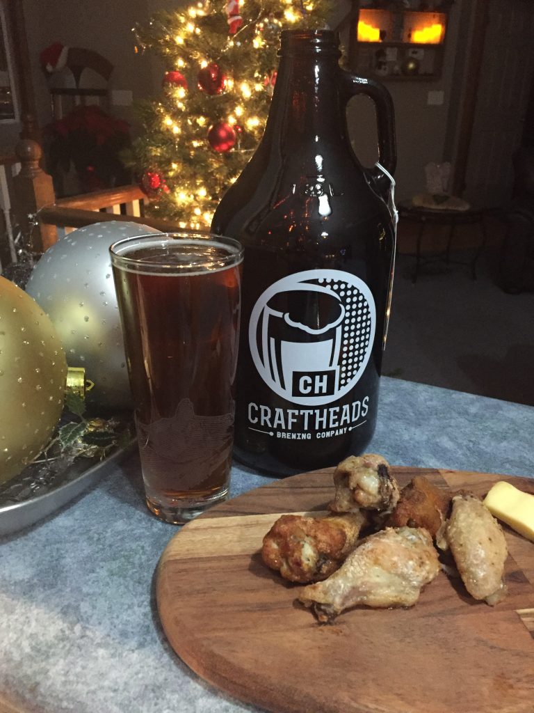 Craft Heads Brewing Co. Eggnog Ale with Crispy Chicken Wings.
