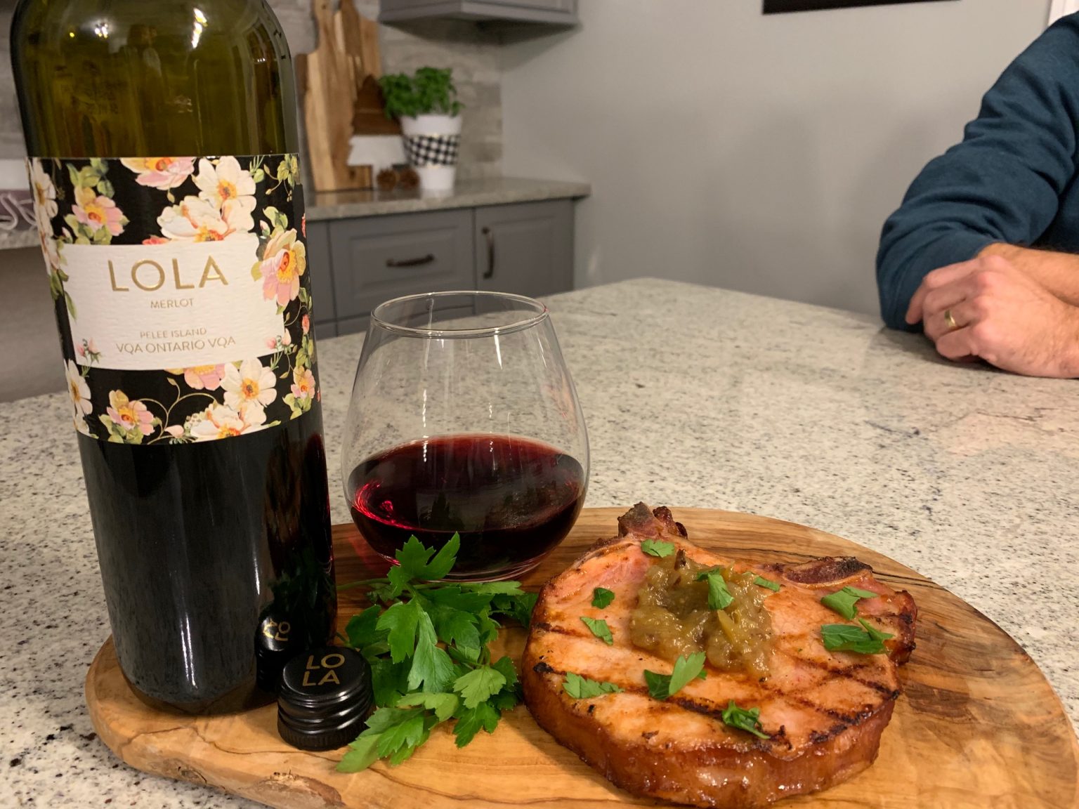 Pelee Island Winery 2017 LOLA Merlot VQA with Smoked Pork Chops.
