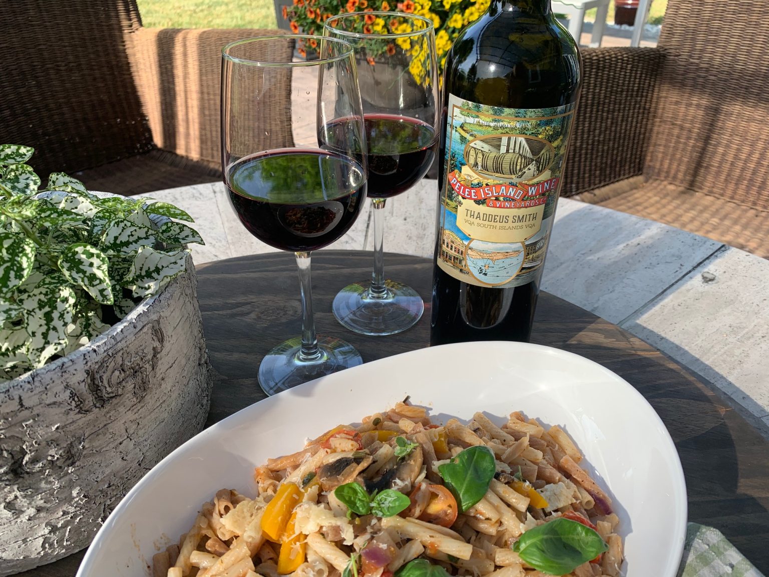 Pelee Island Winery Thaddeus Smith VQA South Islands 2017 with Patio Pasta.