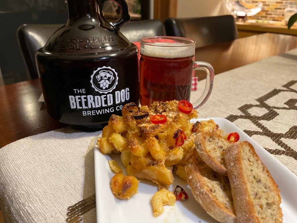 Beerded Dog Chasing Tail Red Ale with Pulled Pork Macaroni & Cheese.