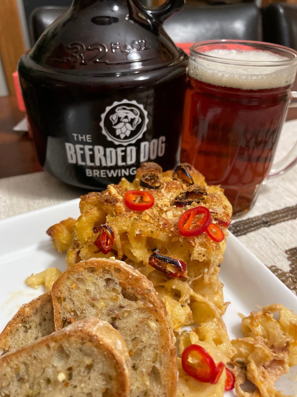 Beerded Dog Chasing Tail Red Ale with Pulled Pork Macaroni & Cheese.