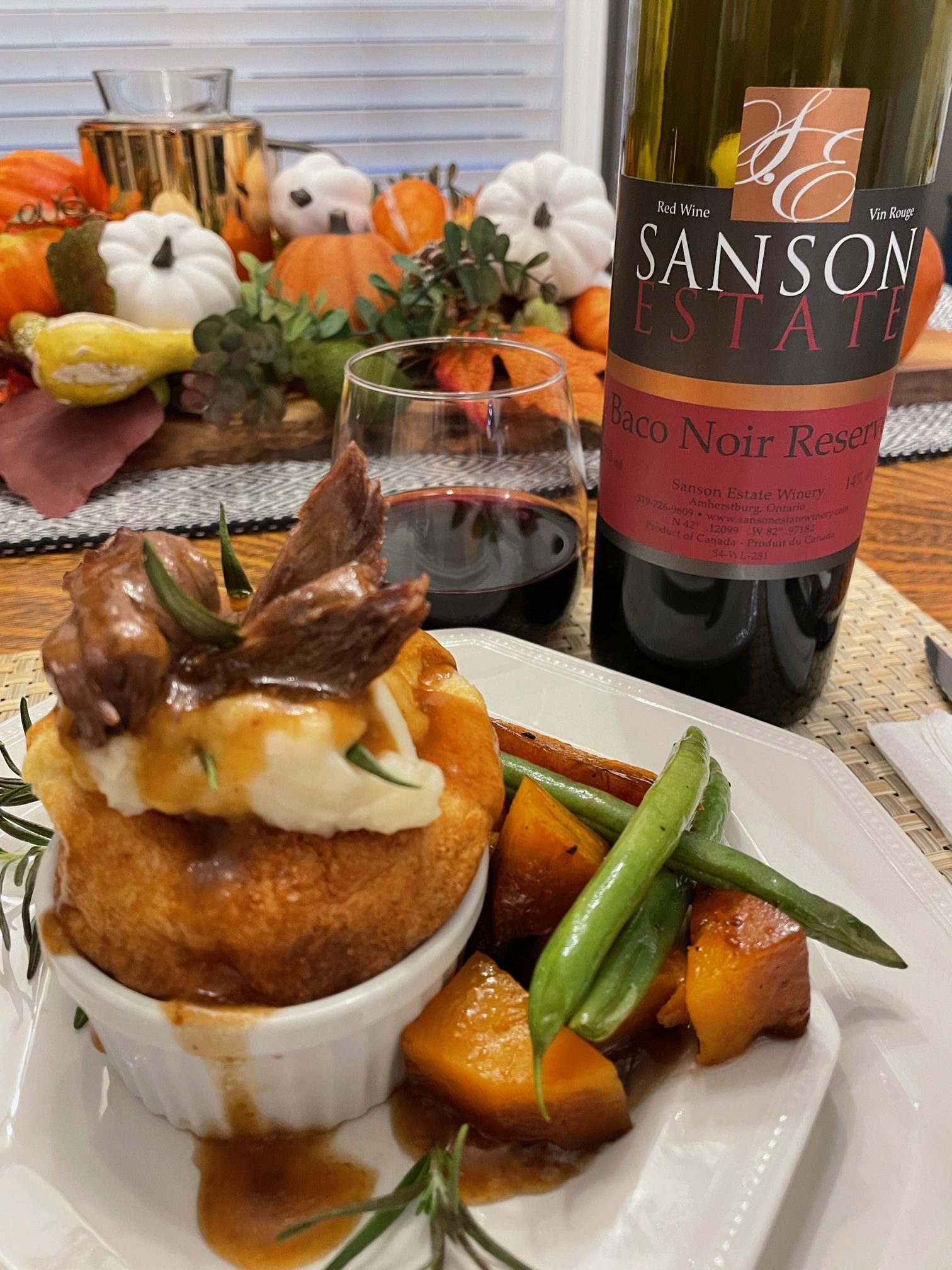 Sanson Estate Winery Baco Noir Reserve with Beef Stuffed Yorkshire Pudding.