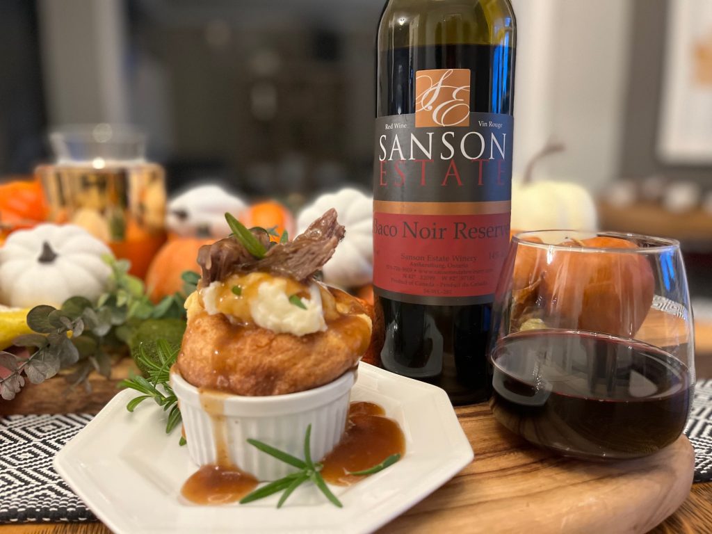 Sanson Estate Winery Baco Noir Reserve with Beef Stuffed Yorkshire Pudding.
