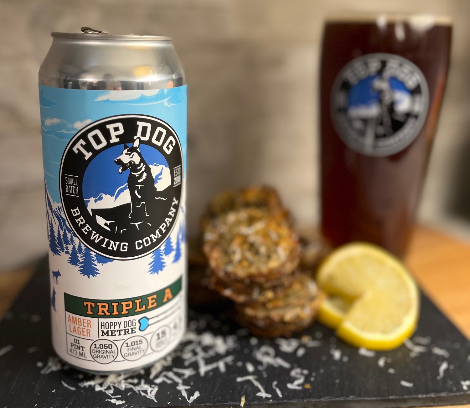 Top Dog Brewing Company Triple A Amber Lager with Crispy Cheesy Potato ...